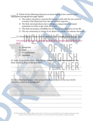 "The Little Mermaid" by Hans Christian Andersen Close Reading Worksheet ...
