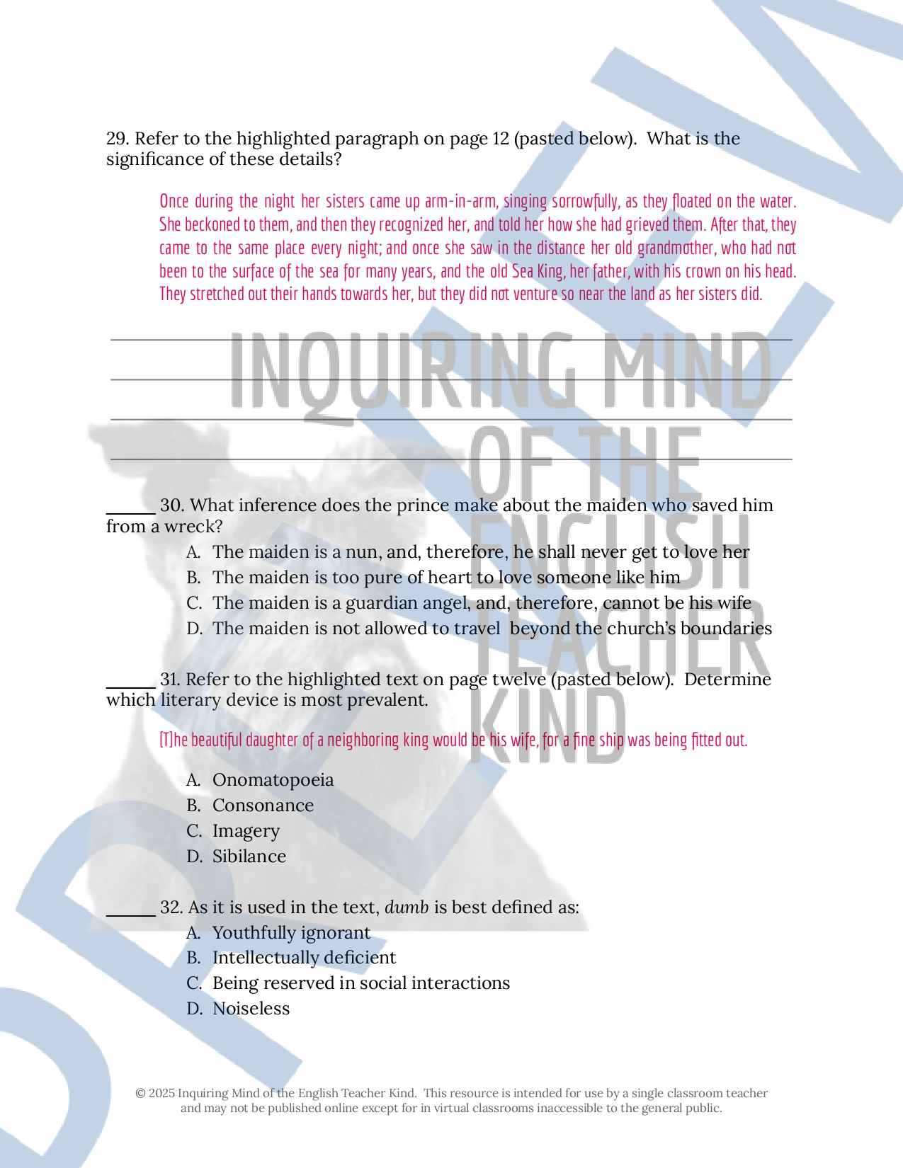 "The Little Mermaid" by Hans Christian Andersen Close Reading Worksheet ...