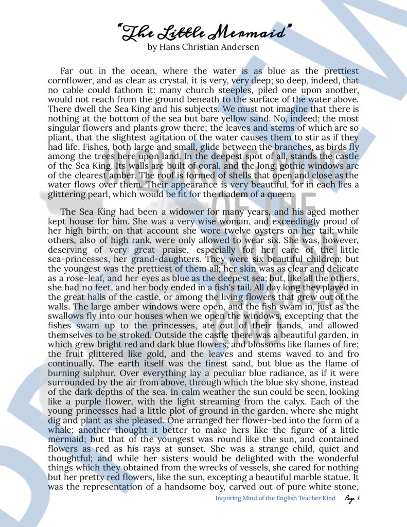 "The Little Mermaid" by Hans Christian Andersen Vocabulary Games and ...
