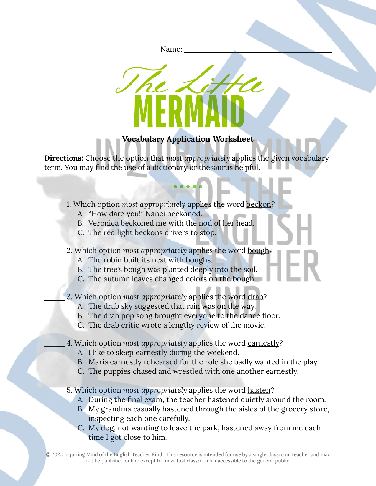 "The Little Mermaid" Quiz, Inference Worksheets, Vocabulary Games, and ...