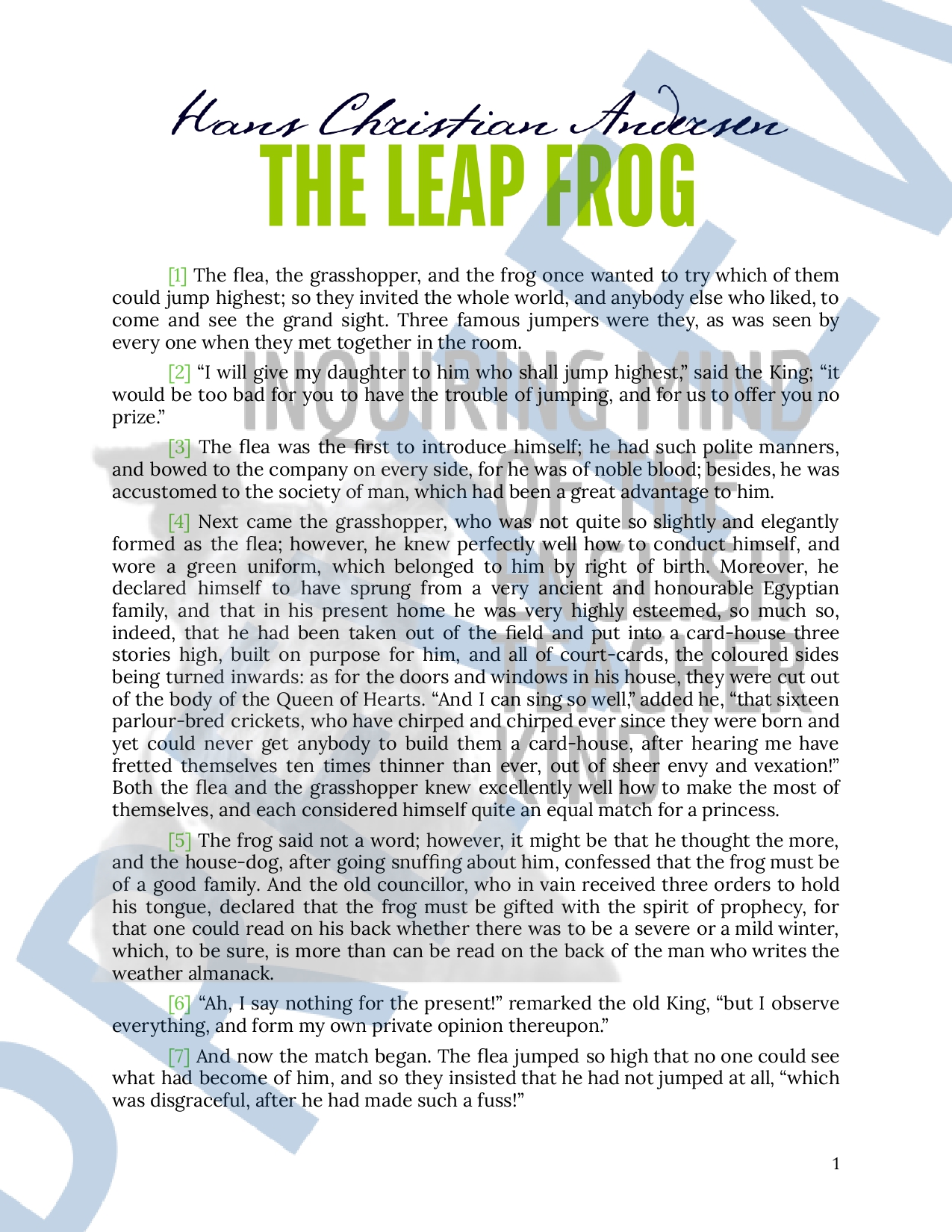 "The Leap Frog" by Hans Christian Andersen Close Reading Analysis ...