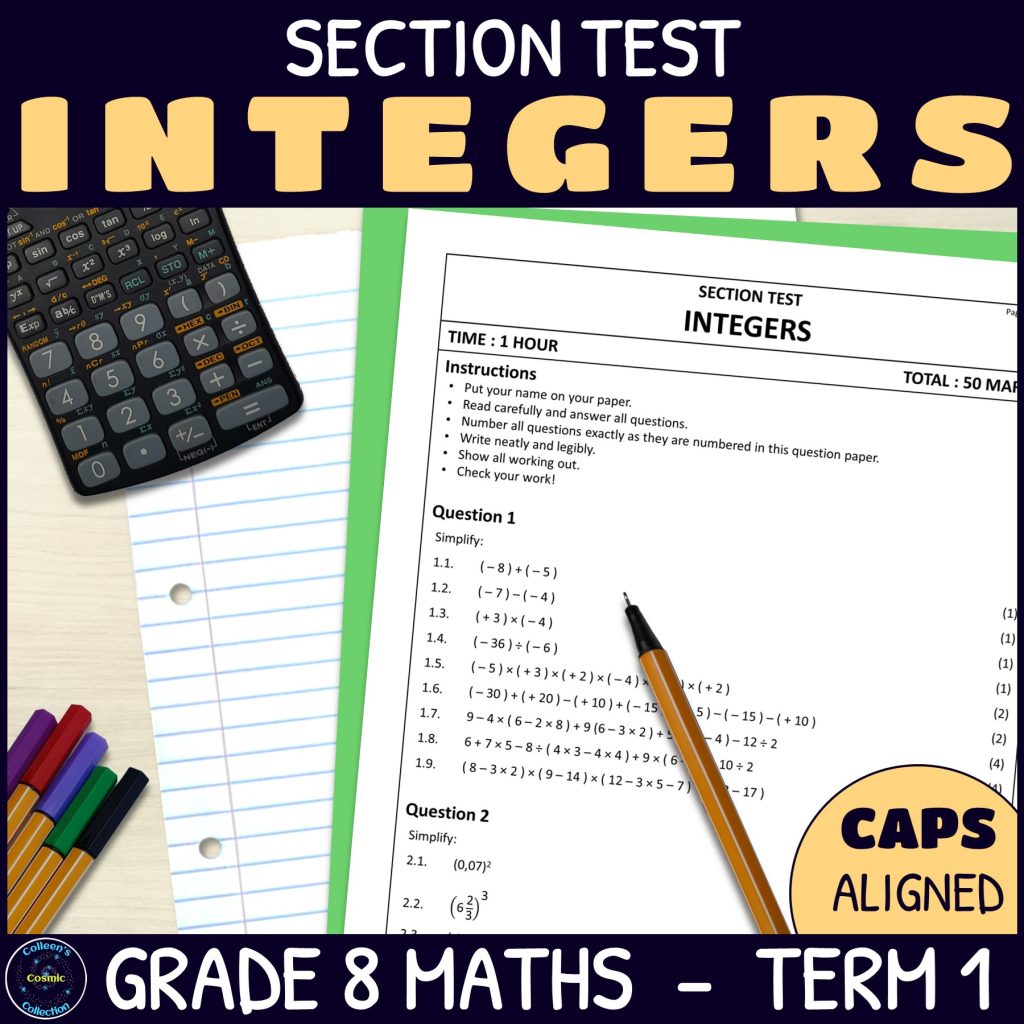 Integers Test - Grade 8 Maths Term 1 Section Test 2 CAPS - Made By Teachers