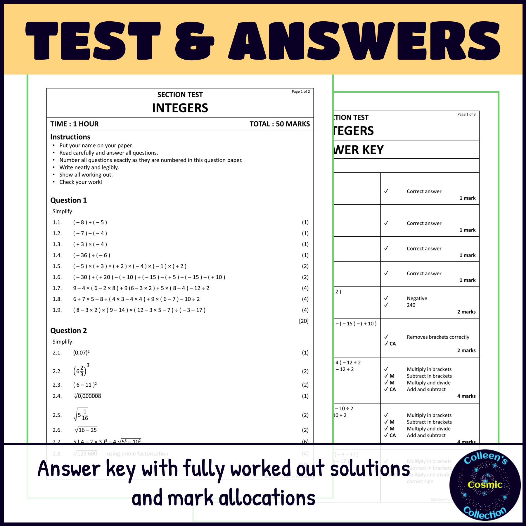 Integers Test - Grade 8 Maths Term 1 Section Test 2 CAPS | Made By Teachers