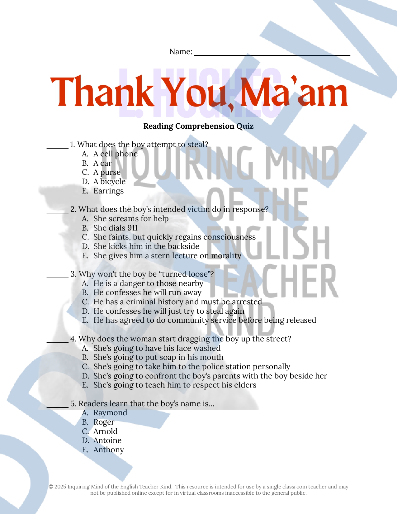 "Thank You, Ma'am" Quiz, Close Reading Inference Worksheet, and ...