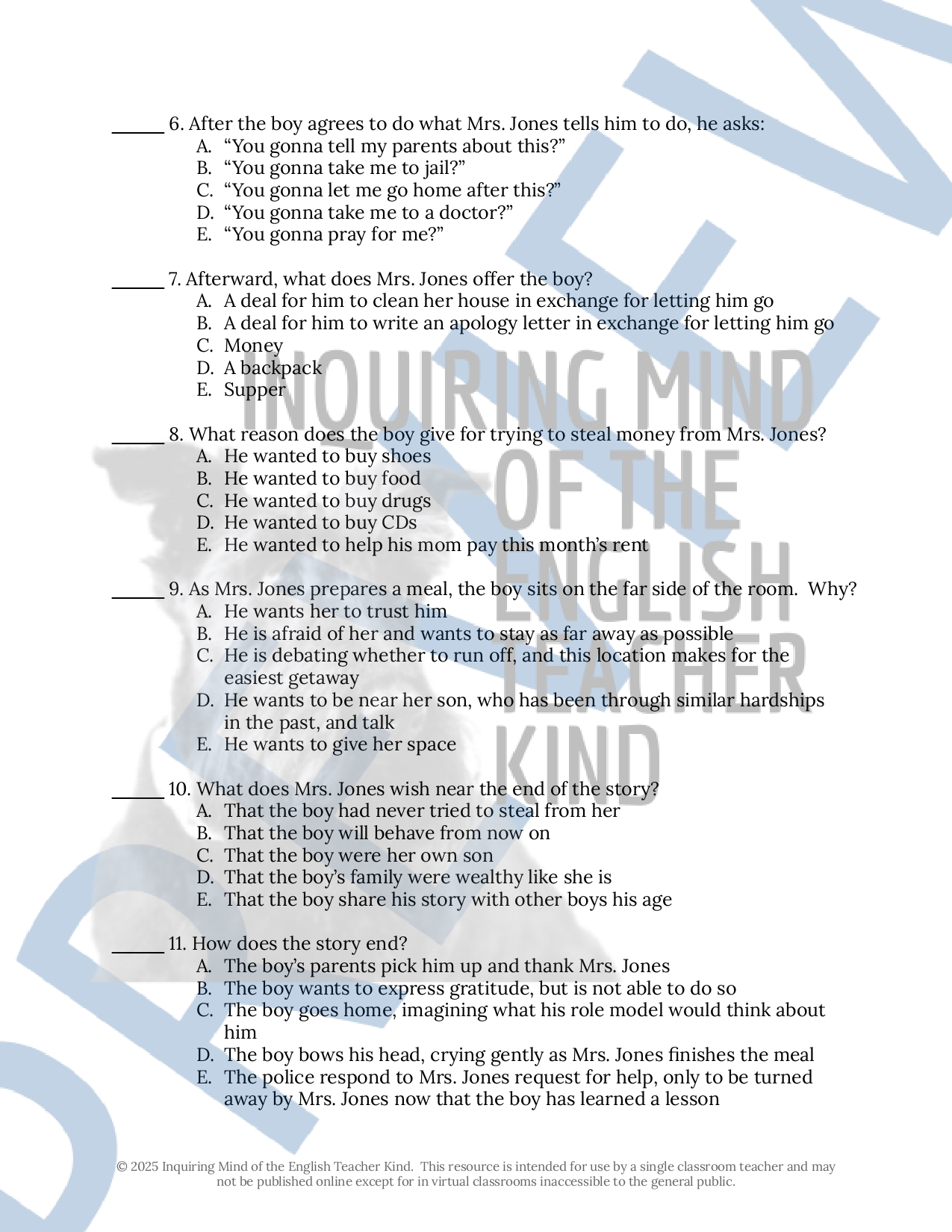 "Thank You, Ma'am" Quiz, Close Reading Inference Worksheet, and ...