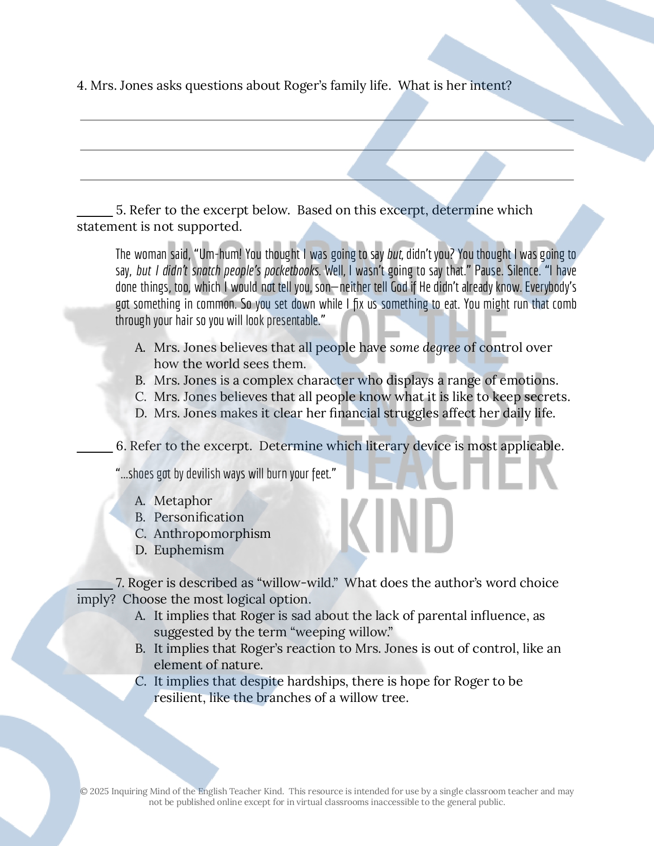 "Thank You, Ma'am" Quiz, Close Reading Inference Worksheet, and ...