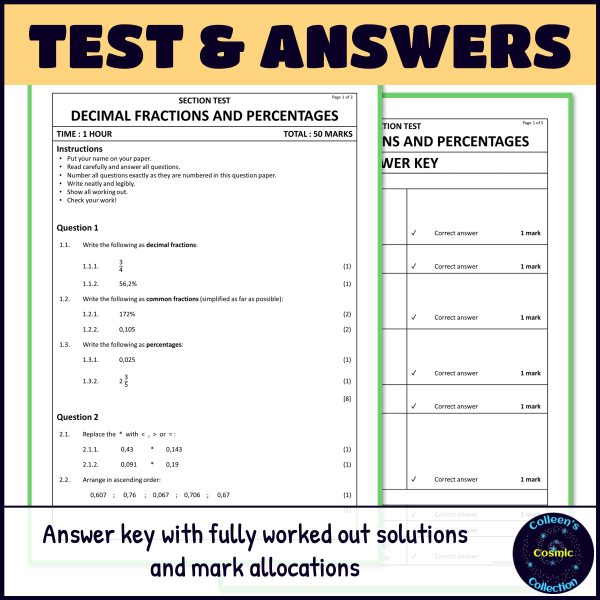 Decimal Fractions and Percentages Test - Grade 8 Maths Term 3 Section ...