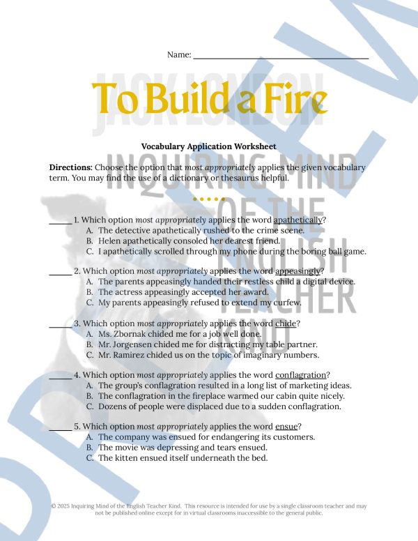 "To Build a Fire" by Jack London Vocabulary Games and Activities for ...