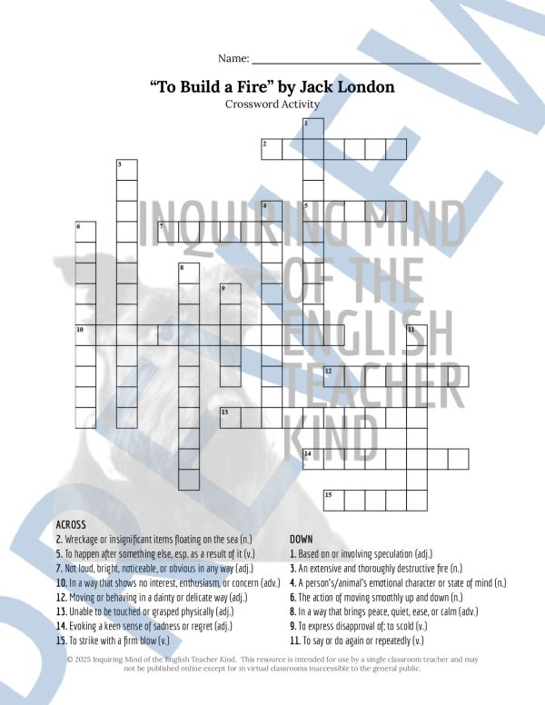 "To Build a Fire" by Jack London Vocabulary Games and Activities for ...
