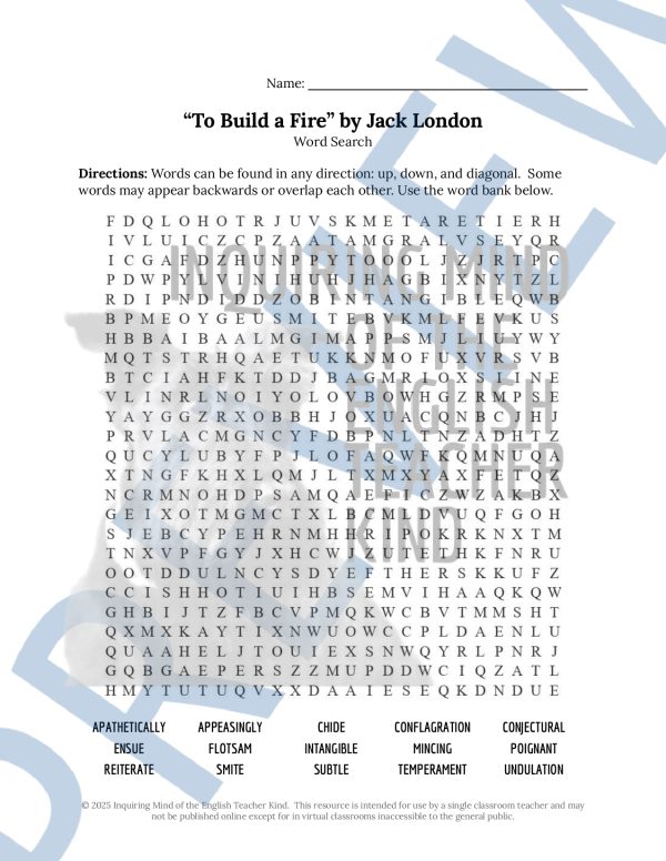 "To Build a Fire" by Jack London Vocabulary Games and Activities for ...