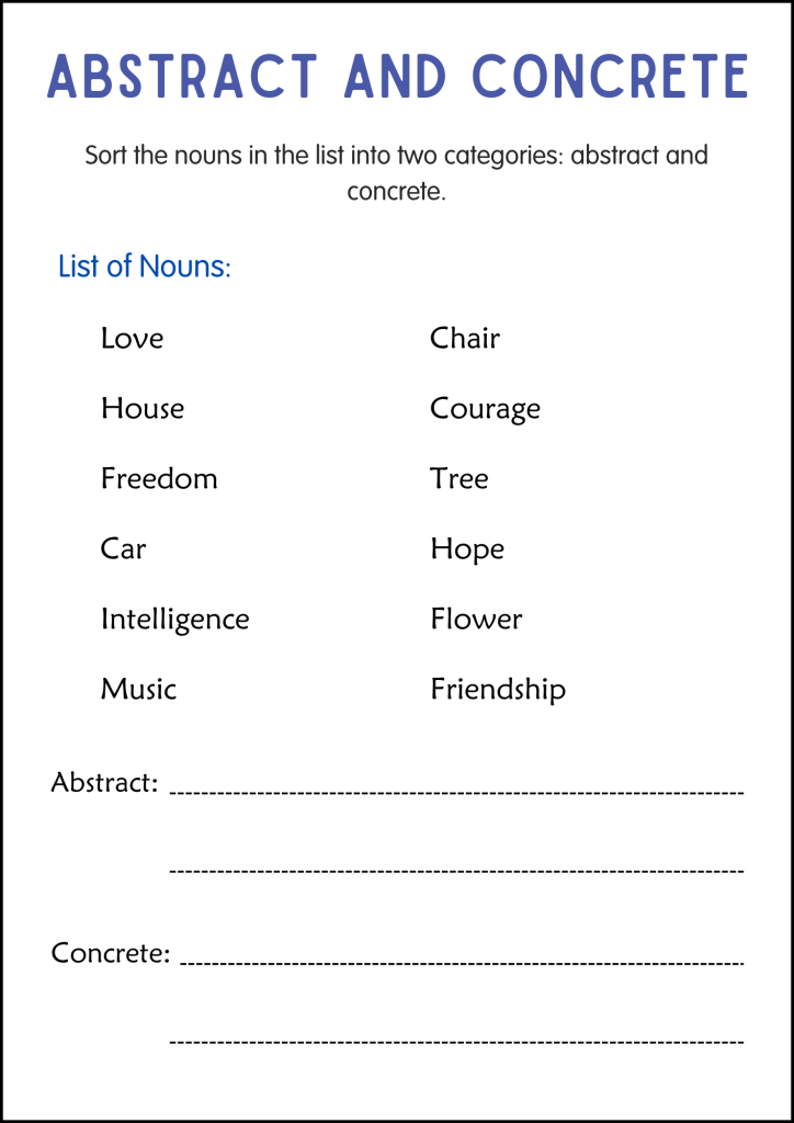 Printable Abstract and Concrete Nouns Grammar Worksheets for Grade 4, 5 ...