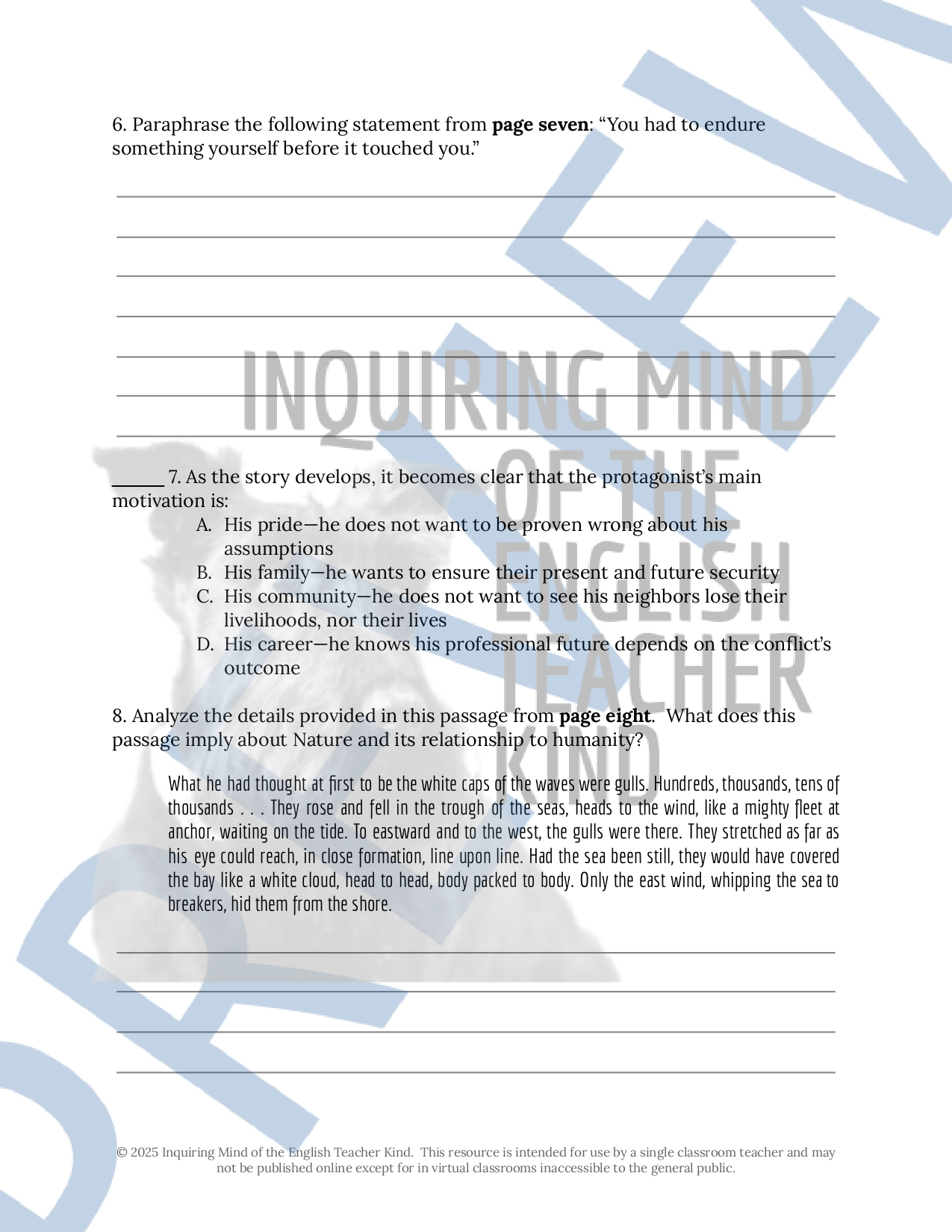 "The Birds" by Daphne du Maurier Close Reading Analysis Worksheet ...