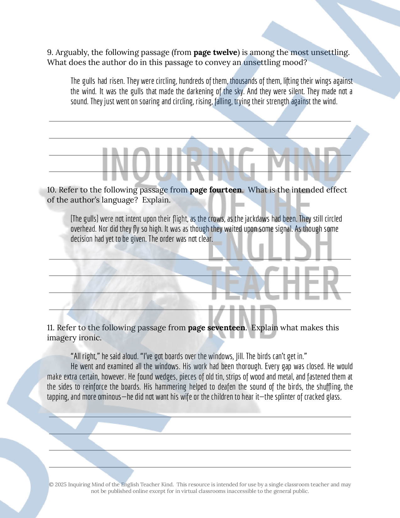 "The Birds" by Daphne du Maurier Close Reading Analysis Worksheet ...