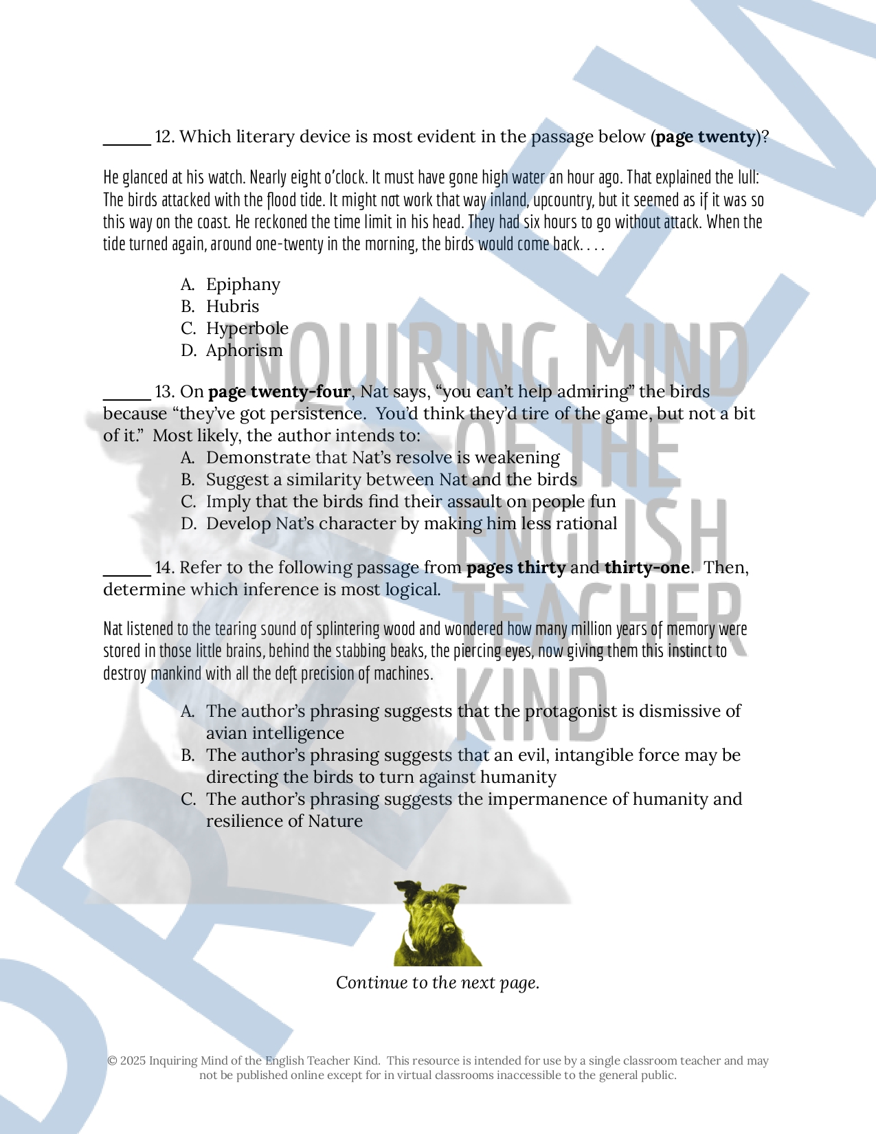 "The Birds" by Daphne du Maurier Close Reading Analysis Worksheet ...