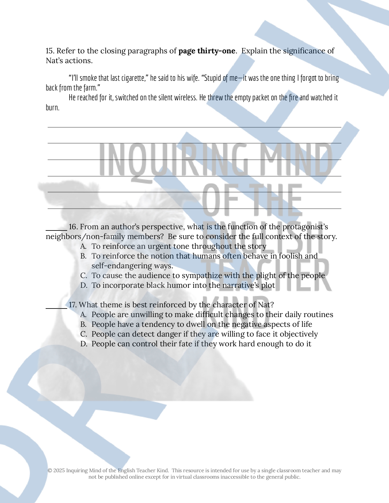 "The Birds" by Daphne du Maurier Close Reading Analysis Worksheet ...