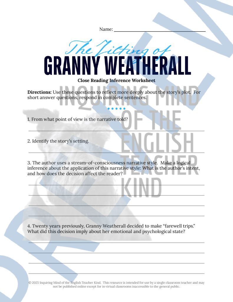 "The Jilting of Granny Weatherall" Close Reading Analysis Worksheet ...