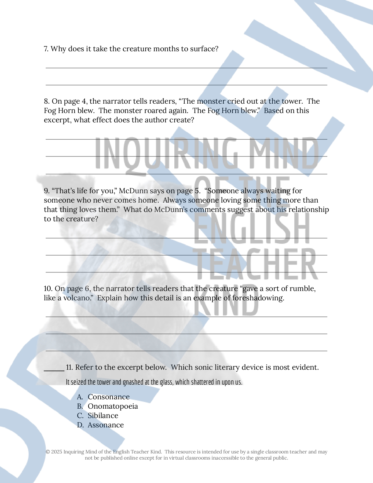 "The Fog Horn" by Ray Bradbury Quiz, Inference Worksheets, and ...