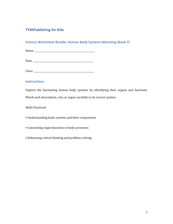 Science Worksheet Bundle: Human Body Systems Matching (Book 7) | Made ...