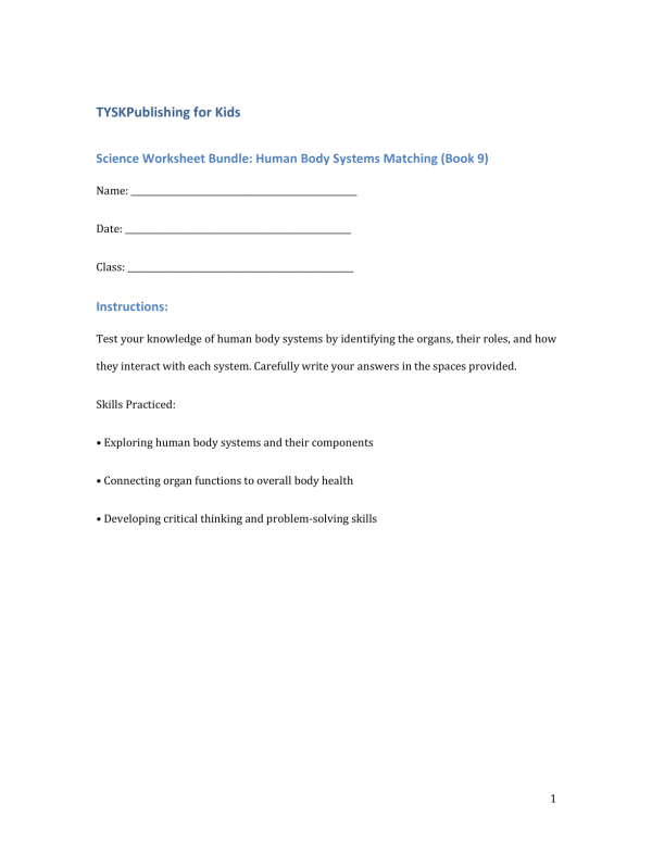 Science Worksheet Bundle: Human Body Systems Matching (Book 9) | Made ...