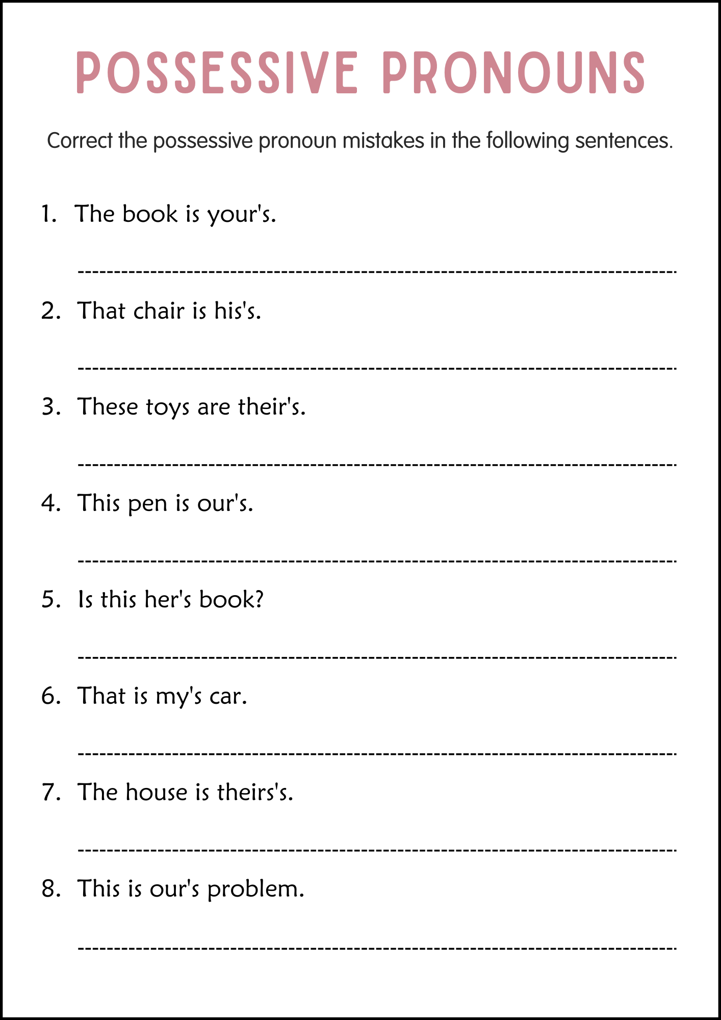 Possessive Pronouns Practice Grammar Activity Worksheets for Grade 2, 3 ...