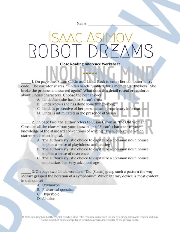 "Robot Dreams" by Isaac Asimov Close Reading Worksheet (Science Fiction ...