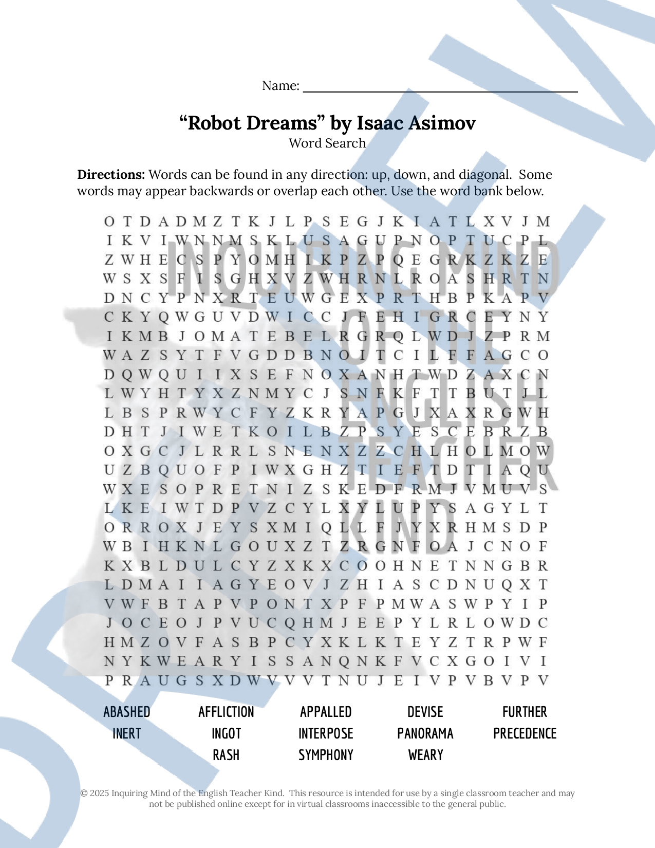 "Robot Dreams" by Isaac Asimov Vocabulary Games for High School ...