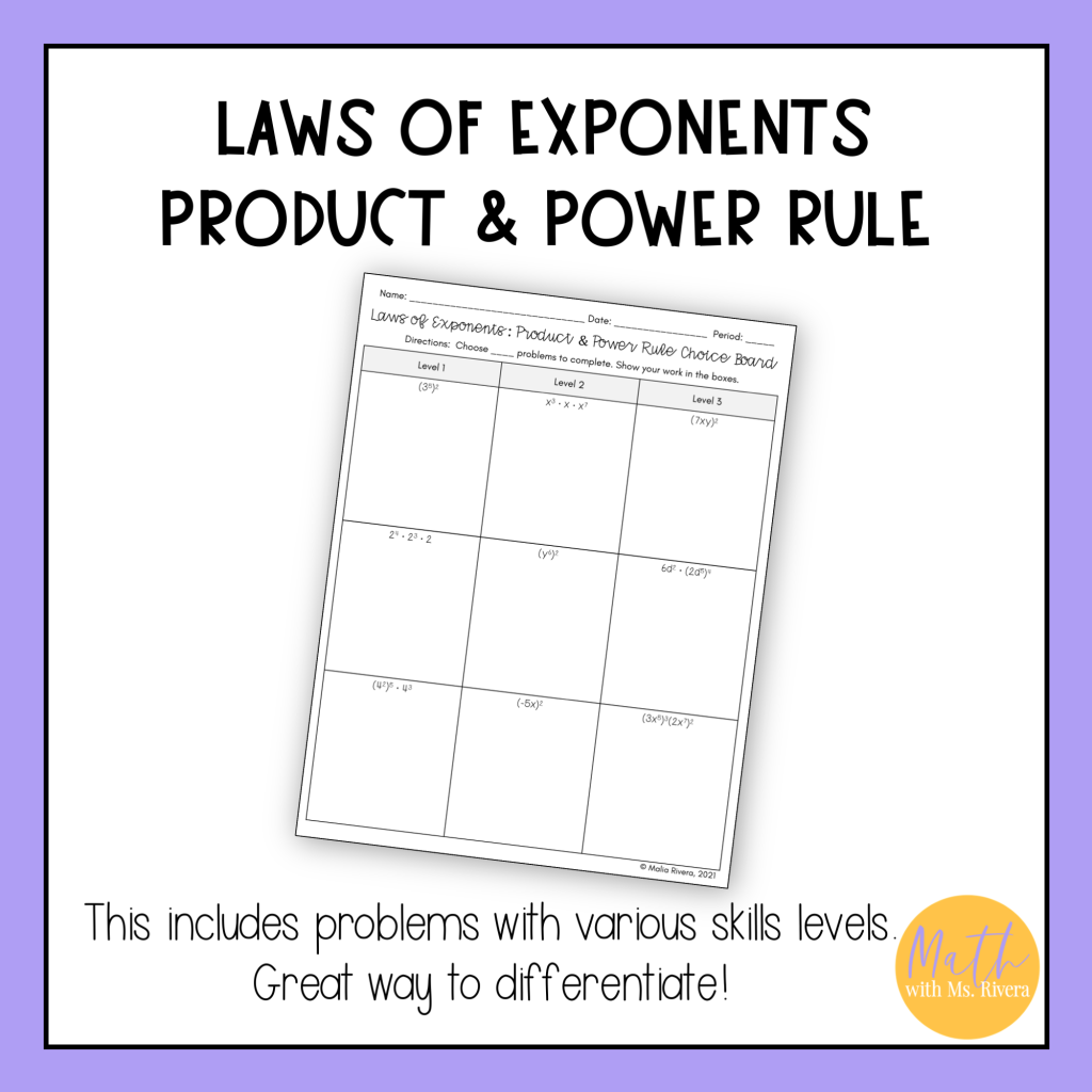 Exponent Rules Quotient Rule Worksheet Choice Board for Algebra 1 ...