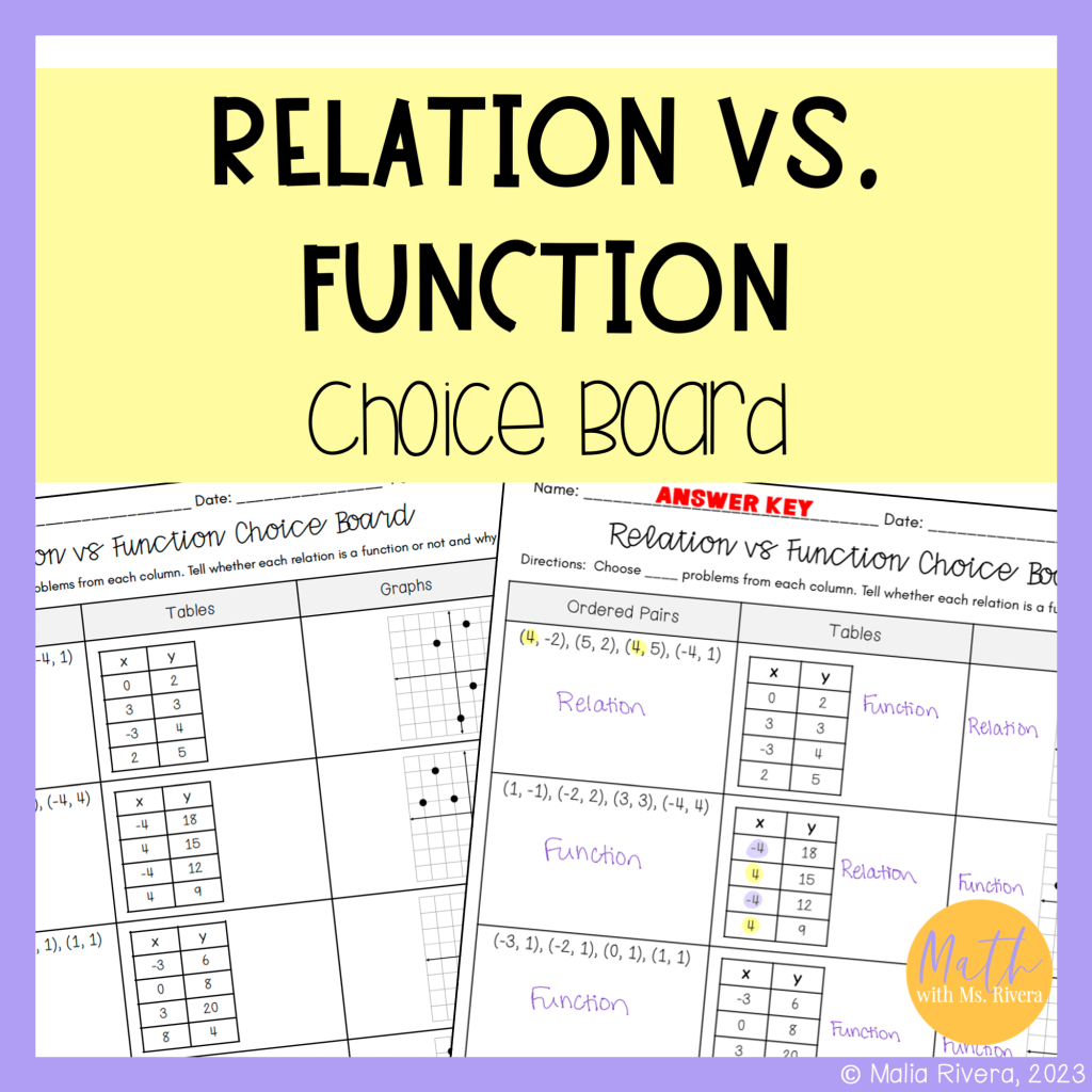 Relation vs Function Worksheet Choice Board for 8th Grade Pre Algebra ...