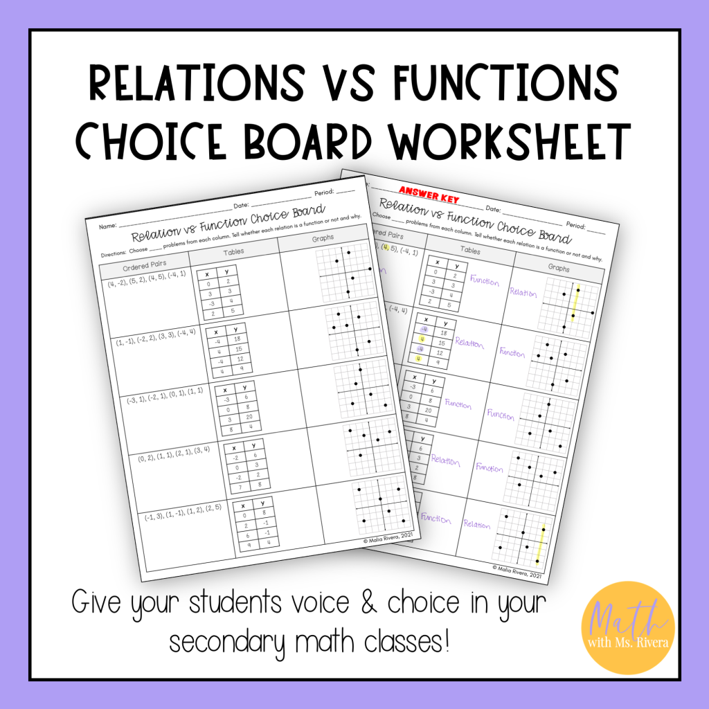Relation vs Function Worksheet Choice Board for 8th Grade Pre Algebra ...
