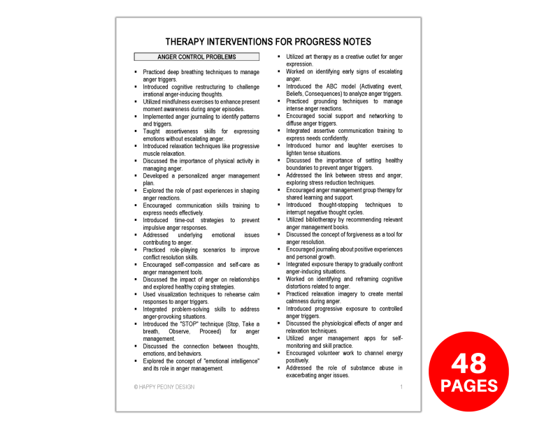 Therapy Interventions for Progress Notes, Therapeutic Interventions ...