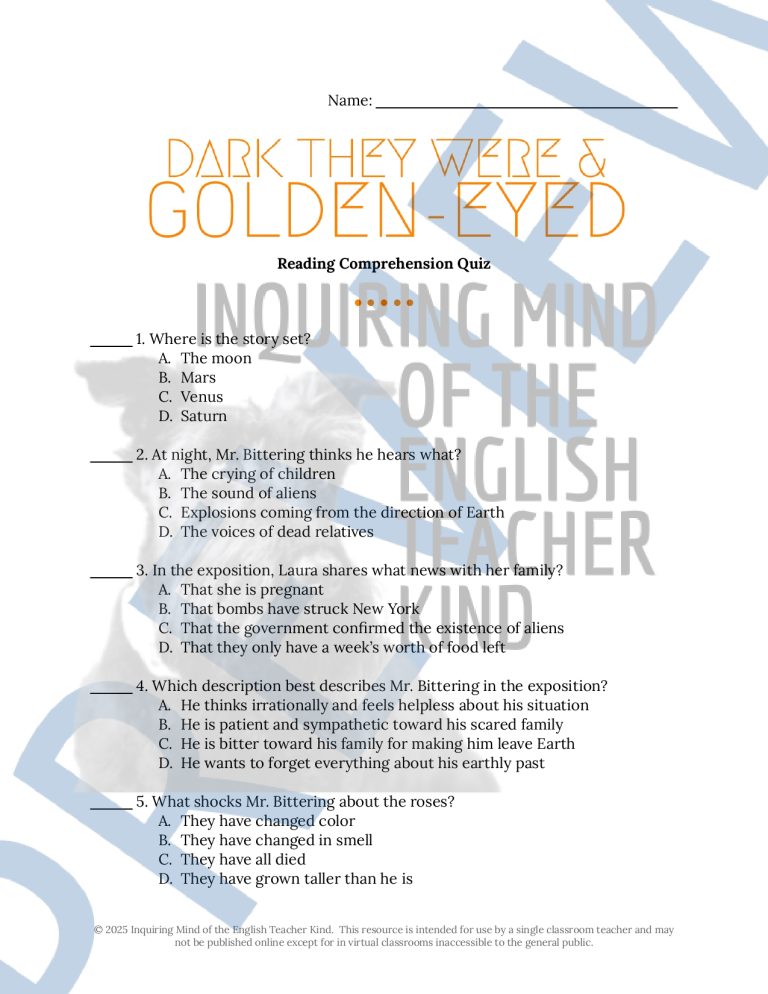 "Dark They Were and Golden Eyed" by Ray Bradbury Quiz and Answer Key ...