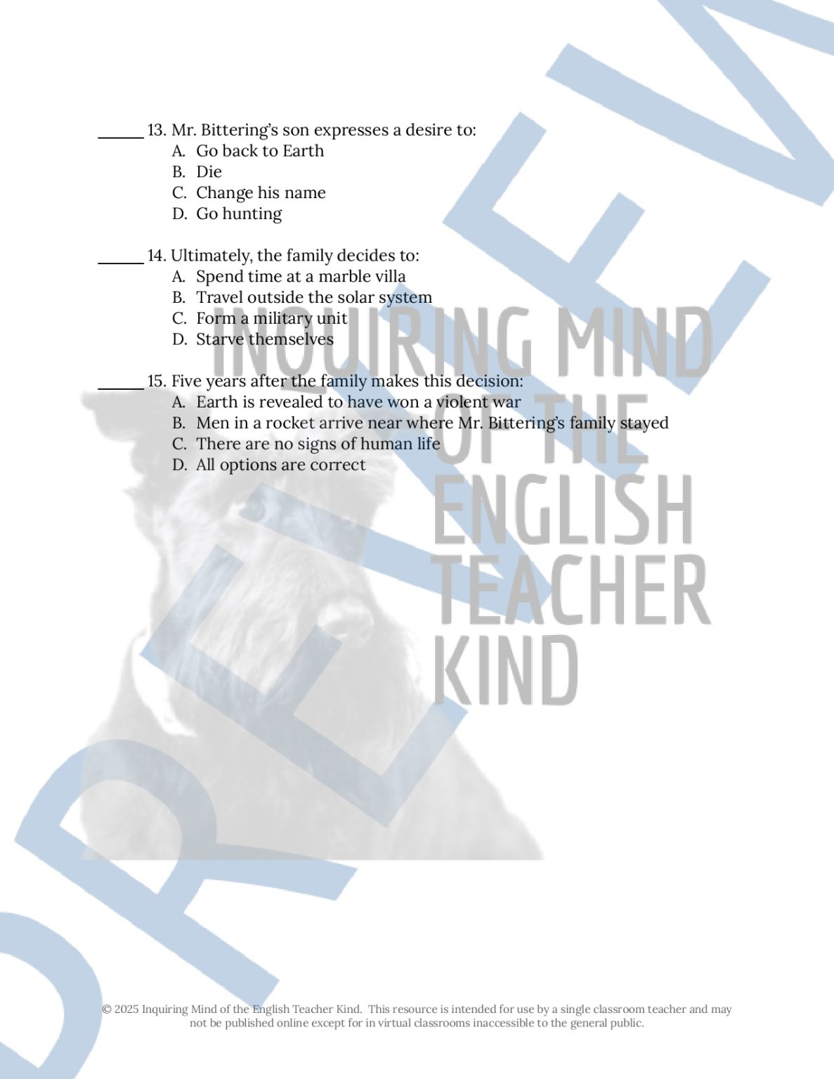 "Dark They Were and Golden Eyed" by Ray Bradbury Quiz and Answer Key ...