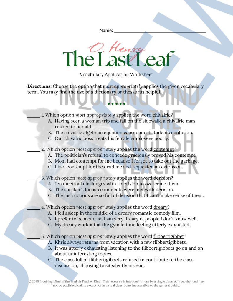 "The Last Leaf" by O. Henry Vocabulary Games and Activities for High ...