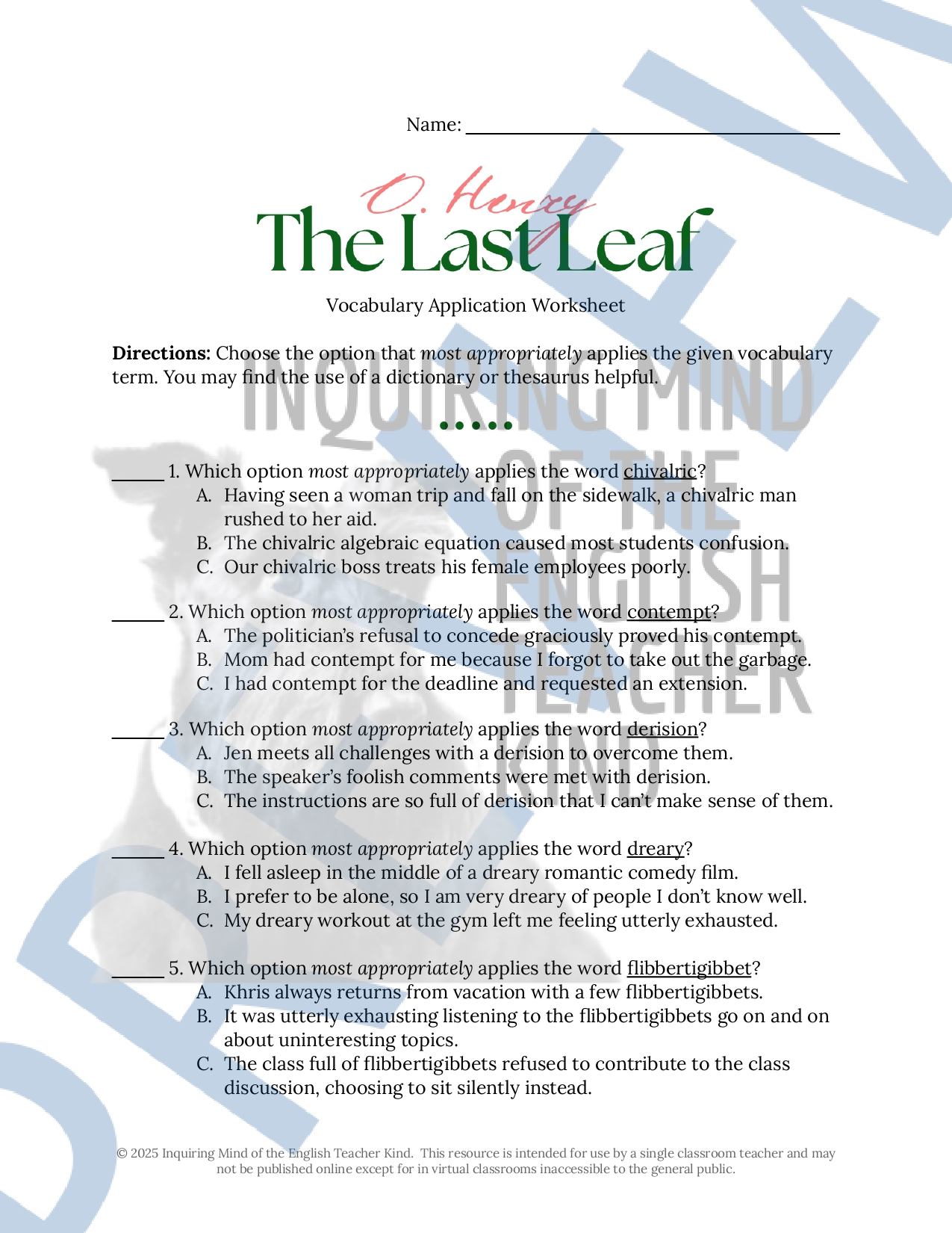"The Last Leaf" by O. Henry Vocabulary Games and Activities for High ...