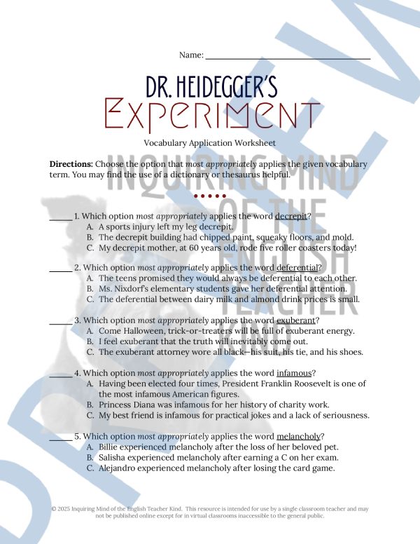 "Dr. Heidegger's Experiment" by Nathaniel Hawthorne Vocabulary ...