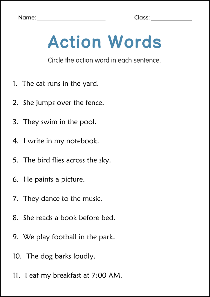 Printable Action Words Grammar Worksheets for Grade 3, 4, 5 - Made By ...