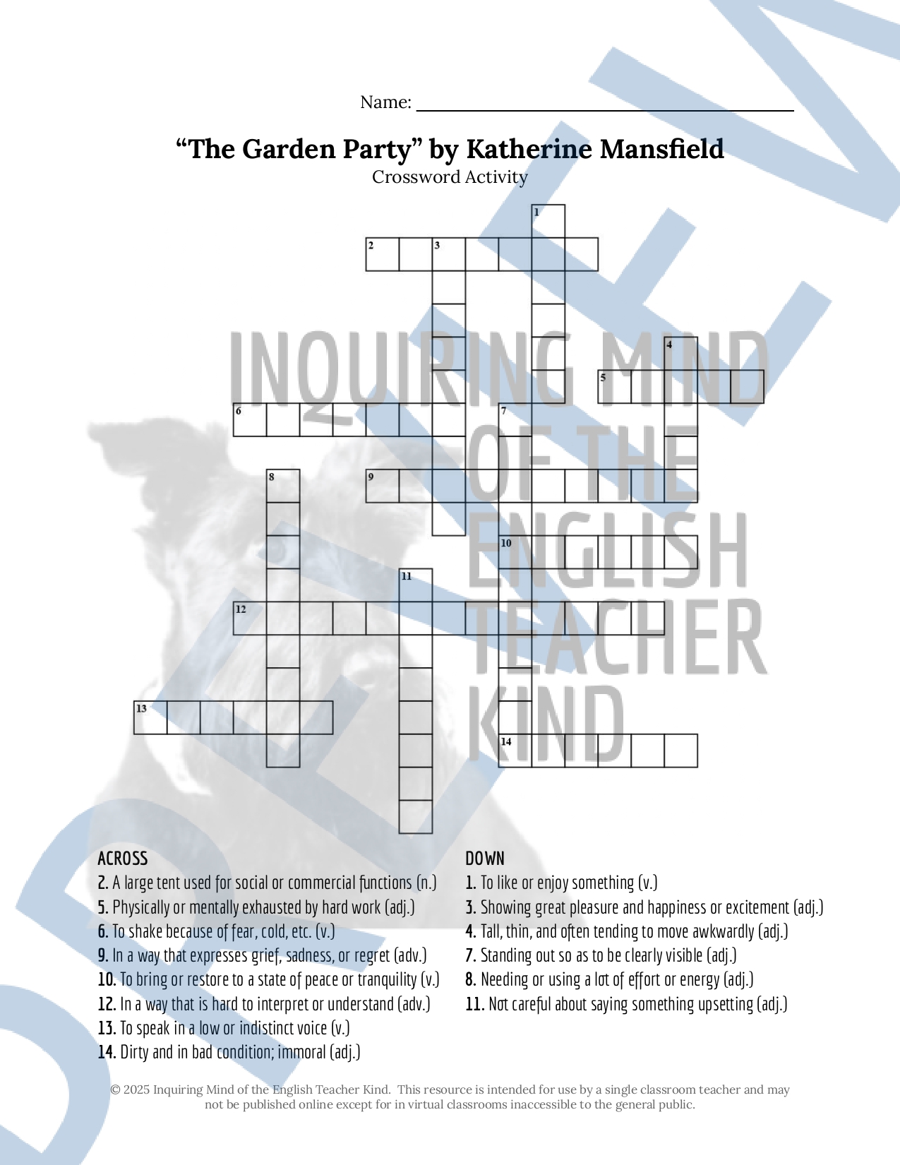 "The Garden Party" Quiz, Worksheet, Vocabulary Games, and Emergency ...