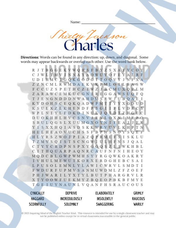 "Charles" by Shirley Jackson Vocabulary Games and Activities for High ...