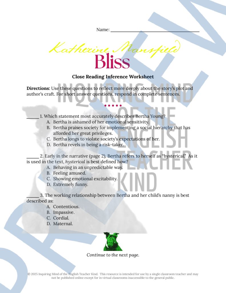"Bliss" by Katherine Mansfield Close Reading Analysis Worksheet and ...