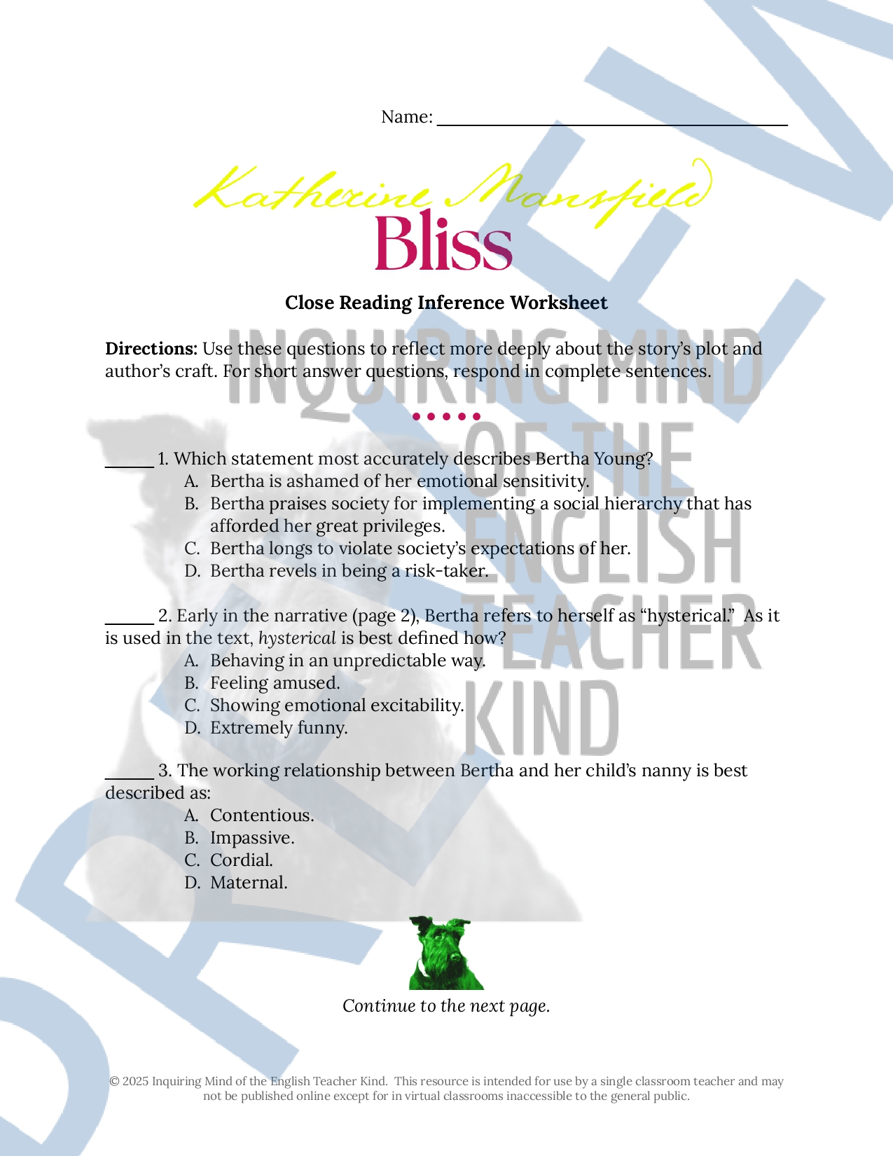 "Bliss" by Katherine Mansfield Close Reading Analysis Worksheet and ...