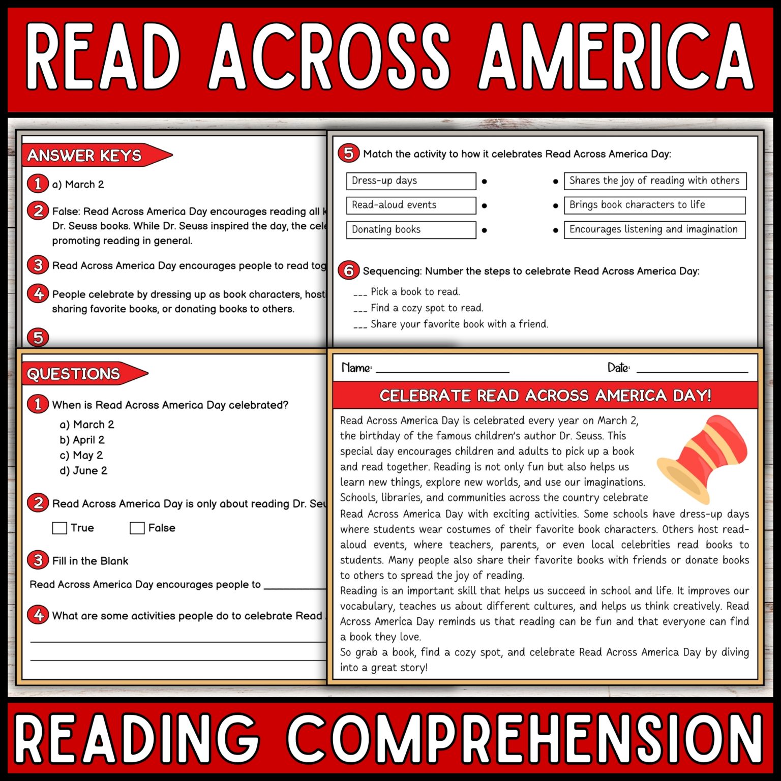 Read Across America Day Reading Comprehension Passage and Questions ...