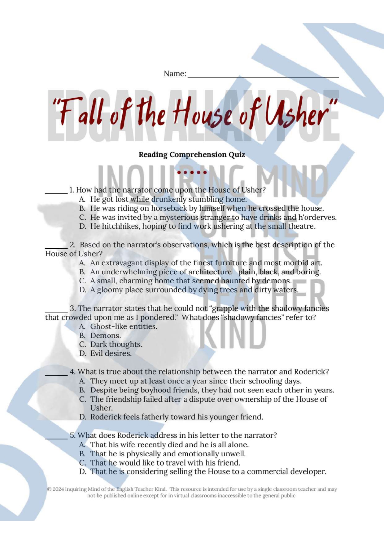 Edgar Allan Poe's Short Stories - Quizzes and Analysis Activities ...