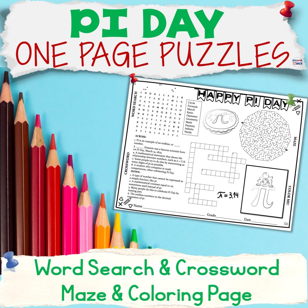 Pi Day Activities March 14 Placemat Word Search Crossword Maze Coloring ...