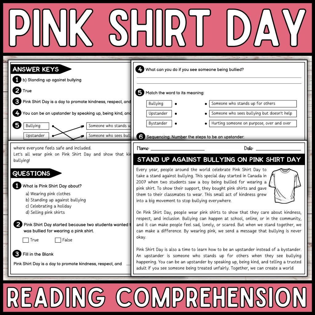 Pink Shirt Day Reading Comprehension Passage & Questions | Anti ...