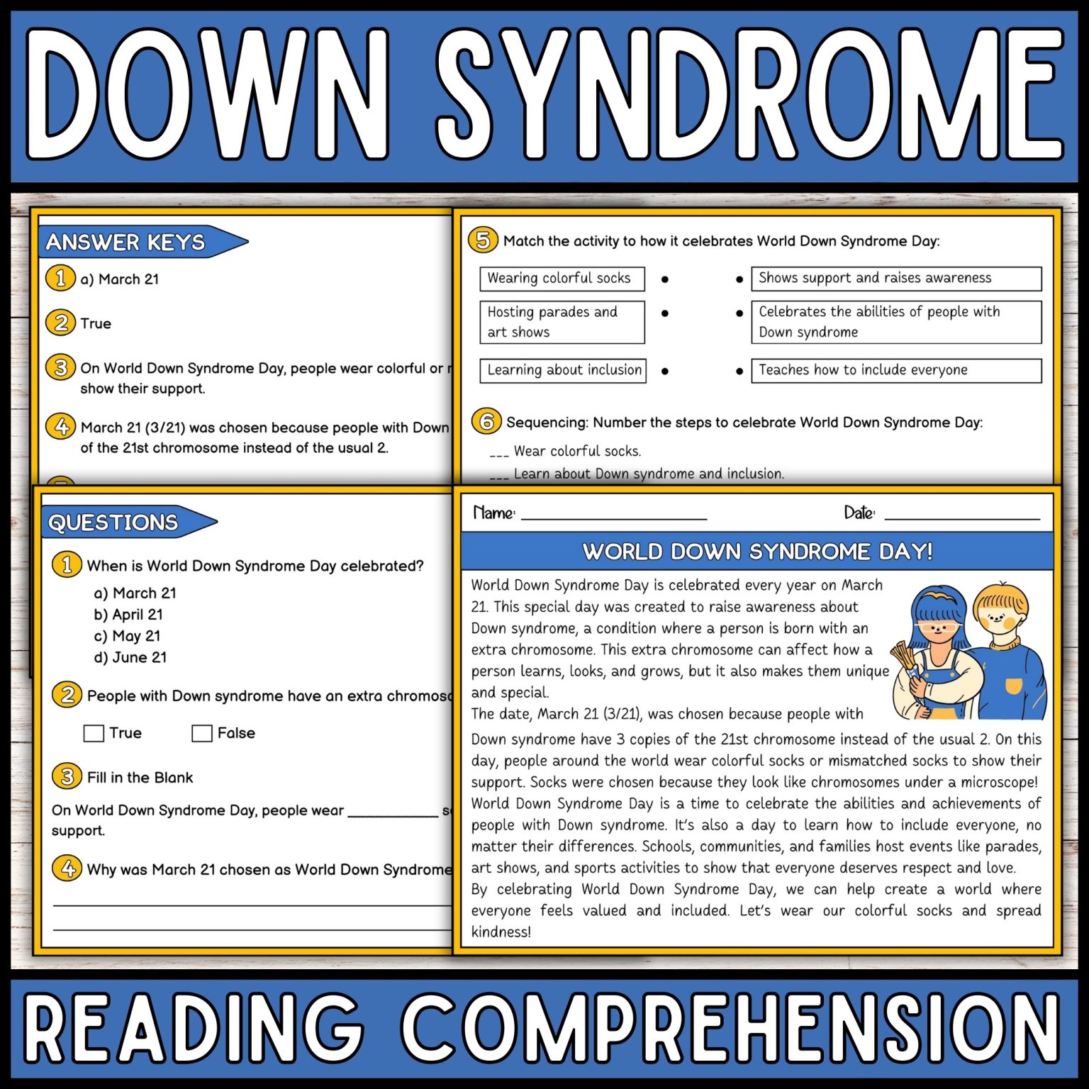 World Down Syndrome Day Reading Comprehension Passage & Questions ...