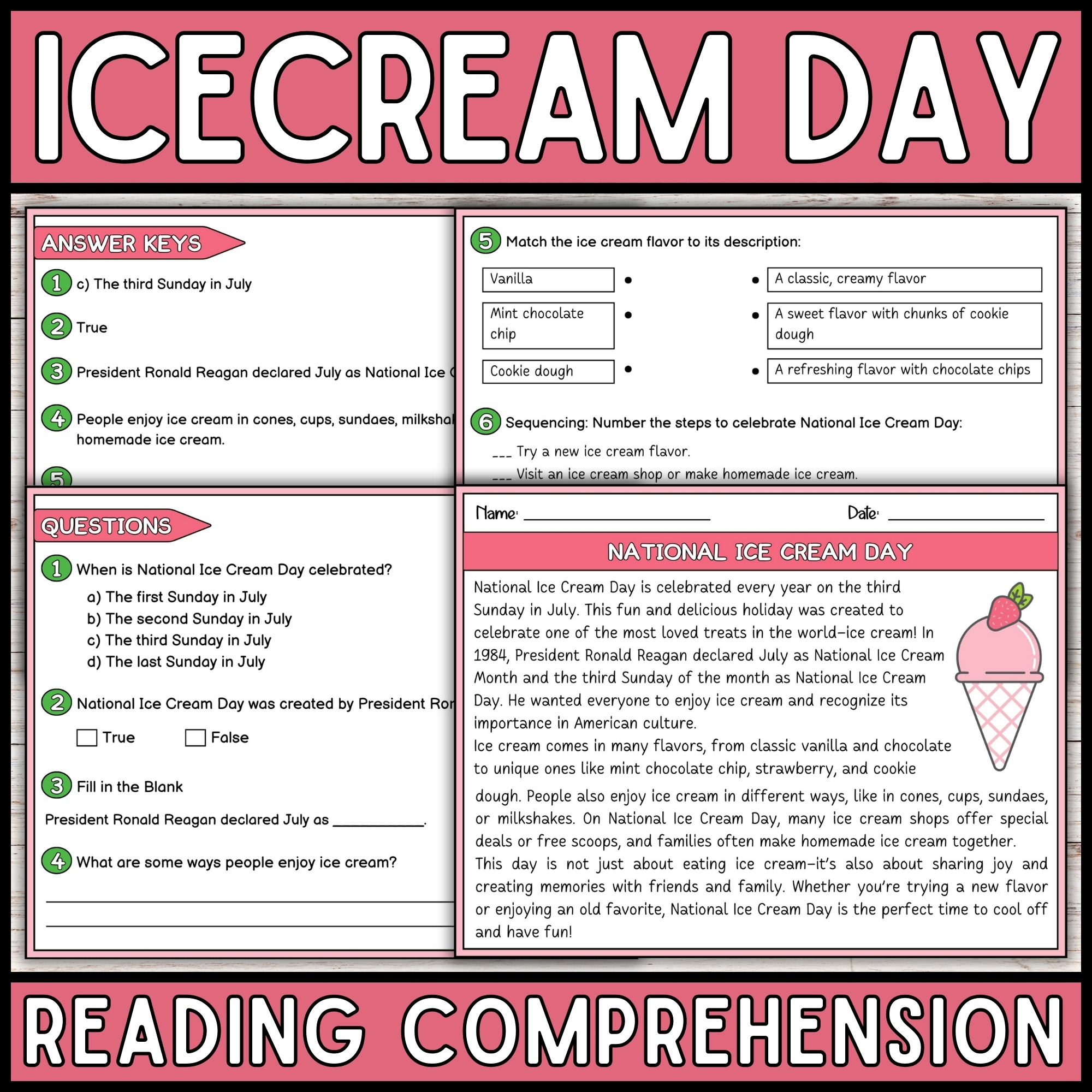 National Ice Cream Day Reading Comprehension Passage & Questions ...