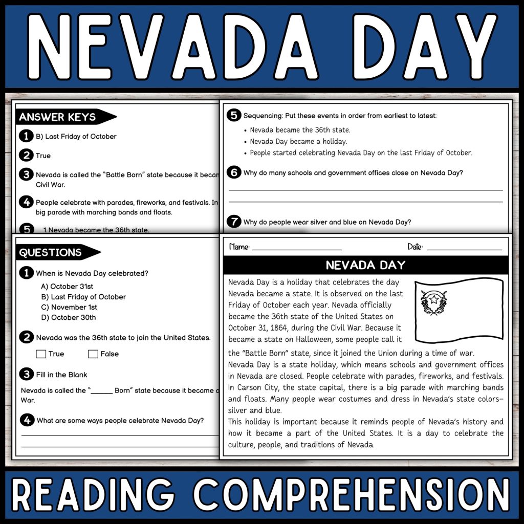 Nevada Day Reading Comprehension Passage & Questions | U.S History Read ...