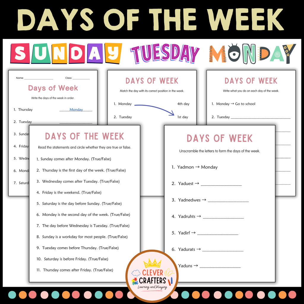 7 Days of The Week Printable Worksheets Calendar Math for grade 1, 2, 3 ...