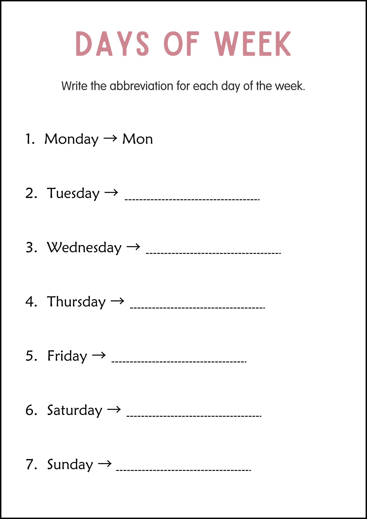 7 Days of The Week Printable Worksheets Calendar Math for grade 1, 2, 3 ...