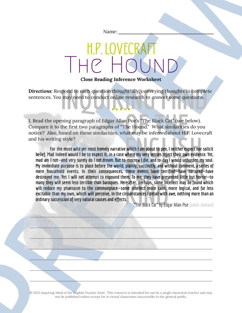 "The Hound" by H.P. Lovecraft Quiz, Analysis Worksheet, and Vocabulary ...